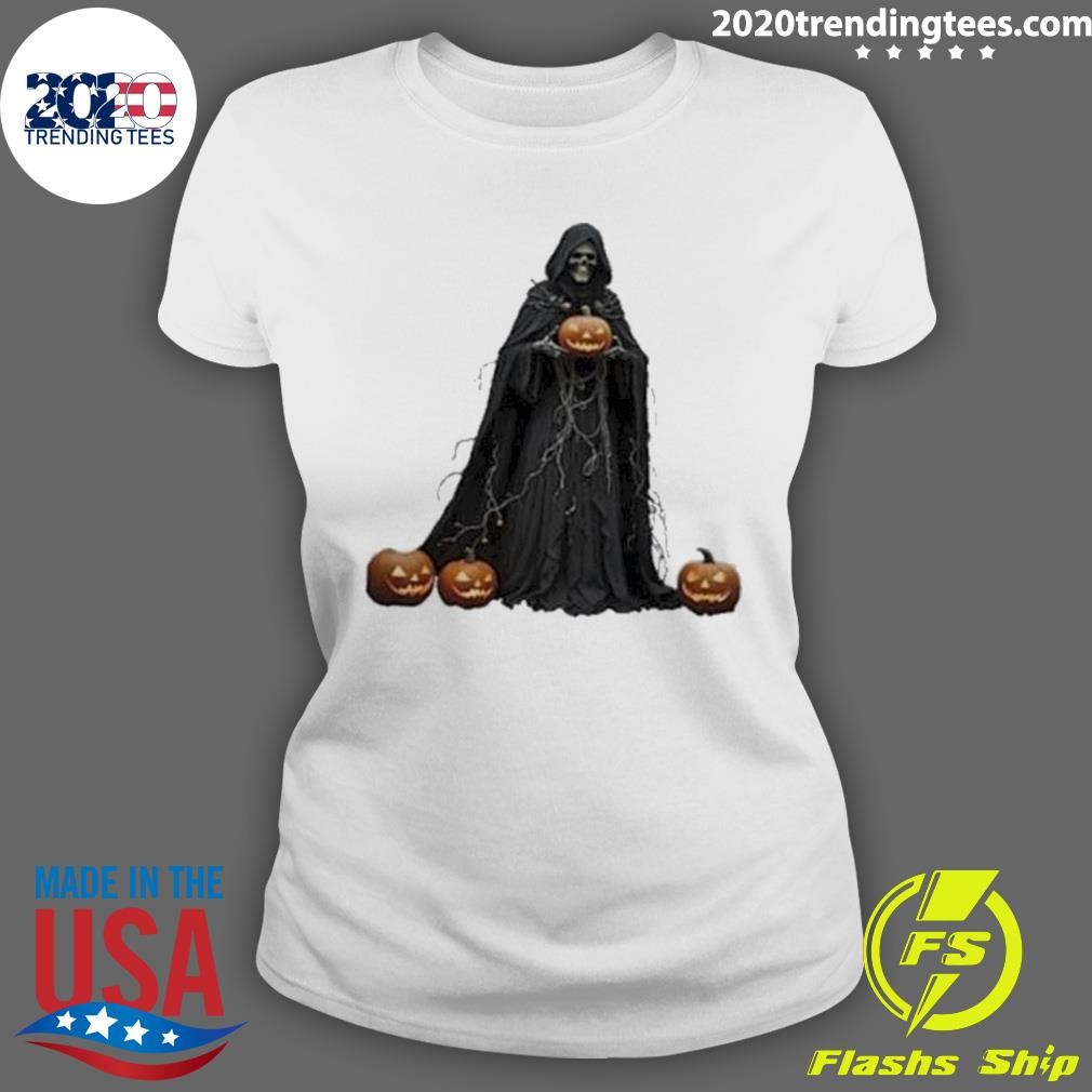 Nice Skeleton Wearing Black Hooded Cloak Cut Out Halloween 2024 T-shirt ...