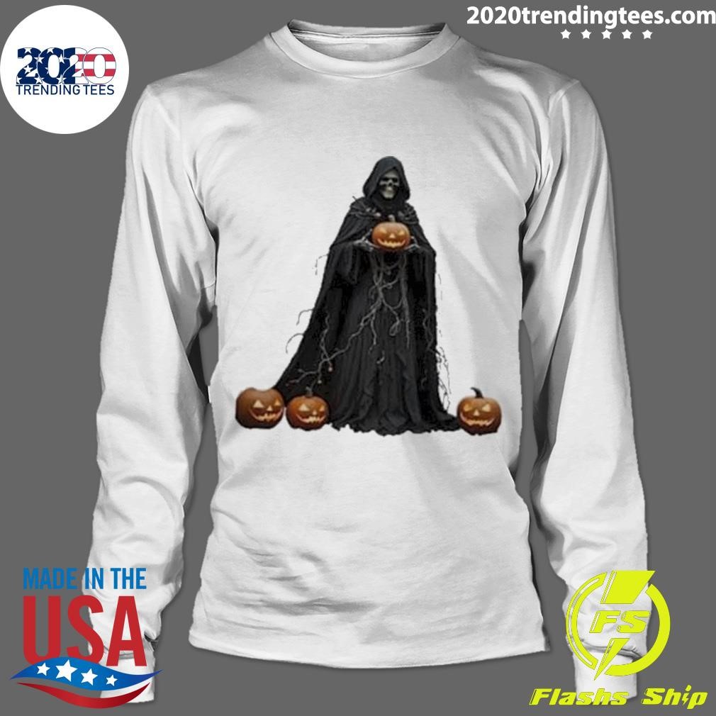 Nice Skeleton Wearing Black Hooded Cloak Cut Out Halloween 2024 T-shirt ...